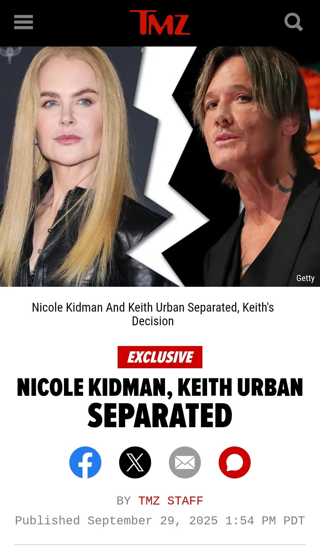 According to TMZ Nicole Kidman and Keith Urban seperated 'since the ...