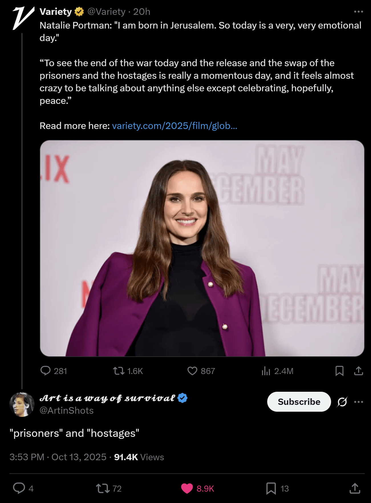 Natalie Portman reflects on the release of Israeli hostages and ...