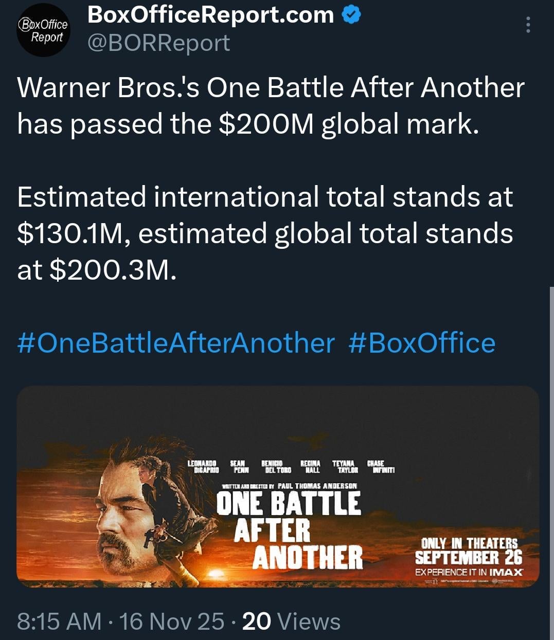 Warner Bros.'s One Battle After Another has passed the $200M global ...