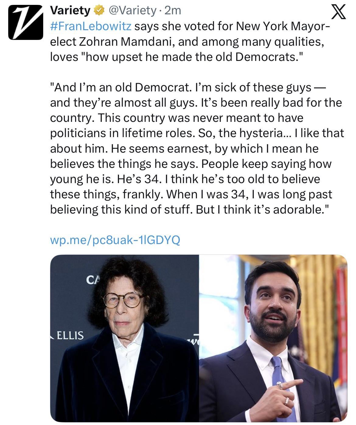 Fran Lebowitz says she voted for Zohran Mamdani because of "how upset ...