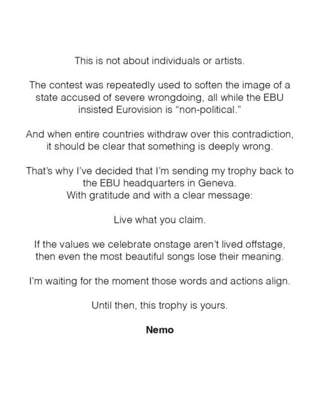 Eurovision 2024 winner Nemo hands back the trophy in protest against ...