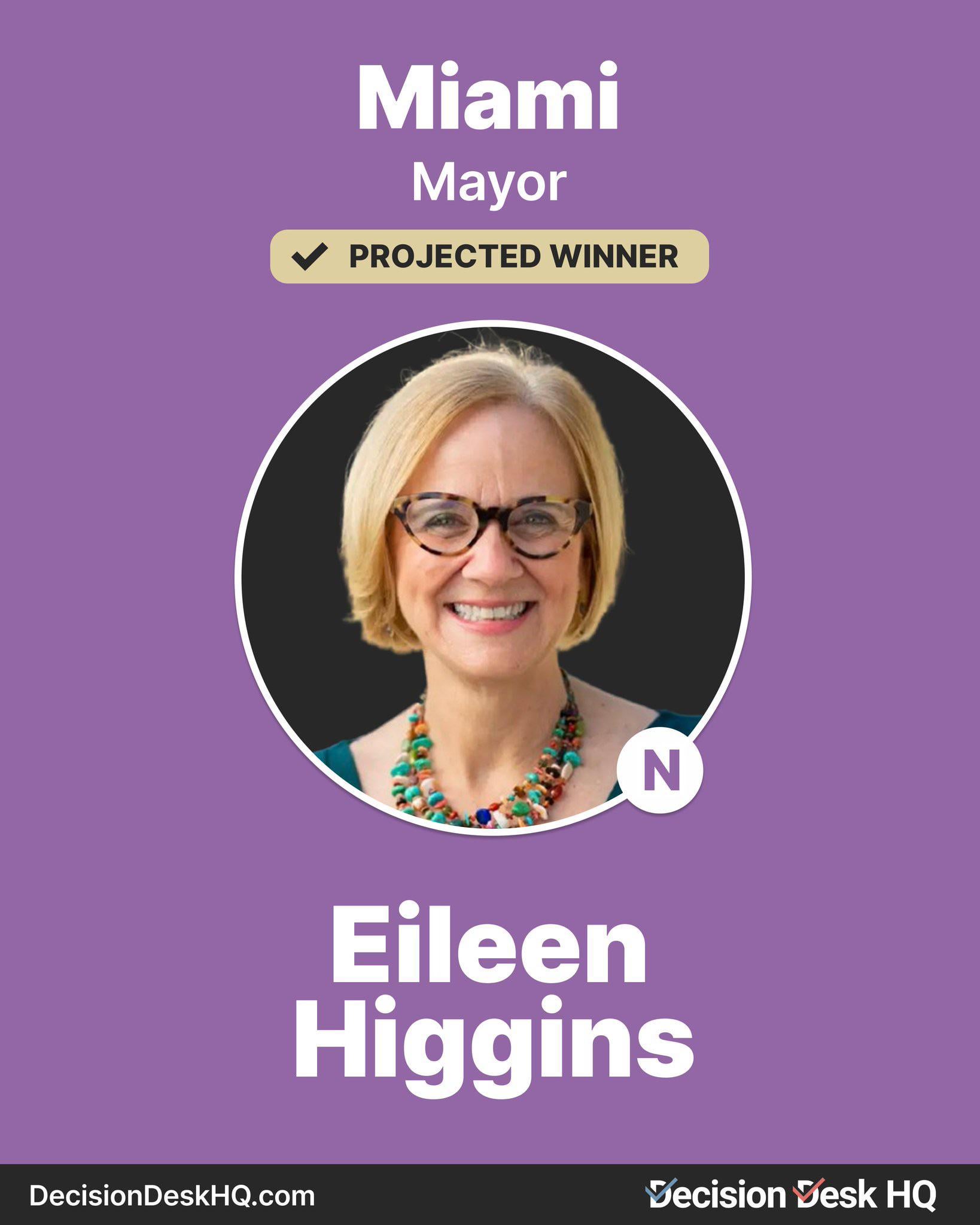 Democrat Eileen Higgins is projected to win the Miami mayoral election ...