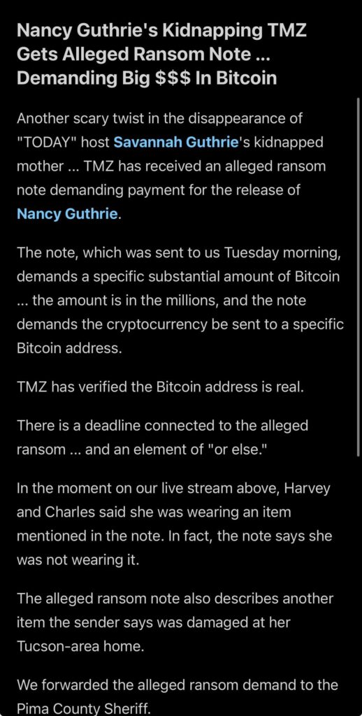 Alleged Ransom Note for Nancy Guthrie Kidnapping Demands Millions in ...